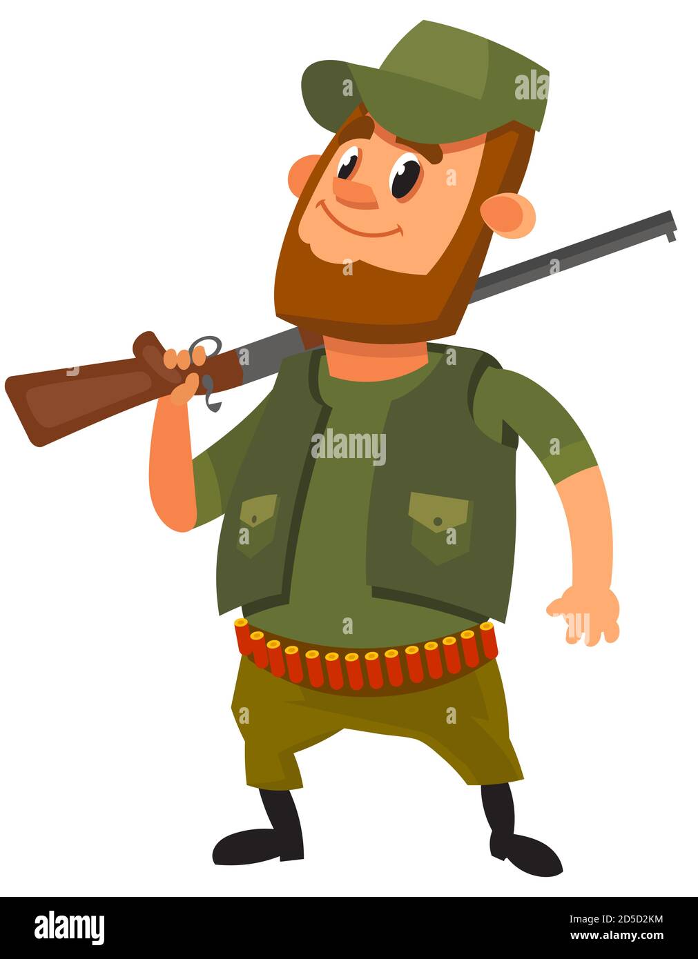 Jäger hält Gewehr auf der Schulter. Männliche Figur im Cartoon-Stil ...