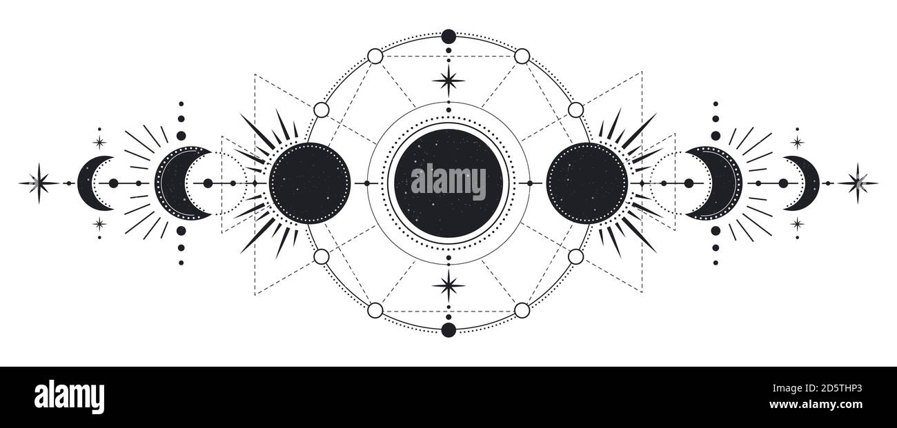 Mondphasen. Geheimnisvolle Mondlicht Aktivität Stadien, Hand gezeichnet ...