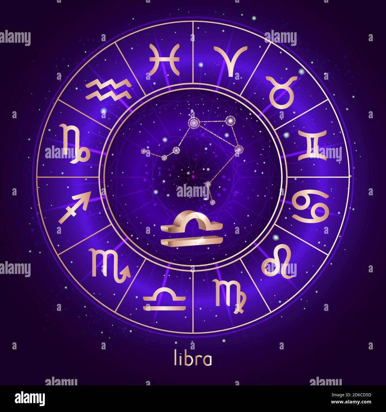 Sternzeichen und Sternbild WAAGE mit Horoskopkreis und heiligen Symbolen auf dem Sternenhimmel ...