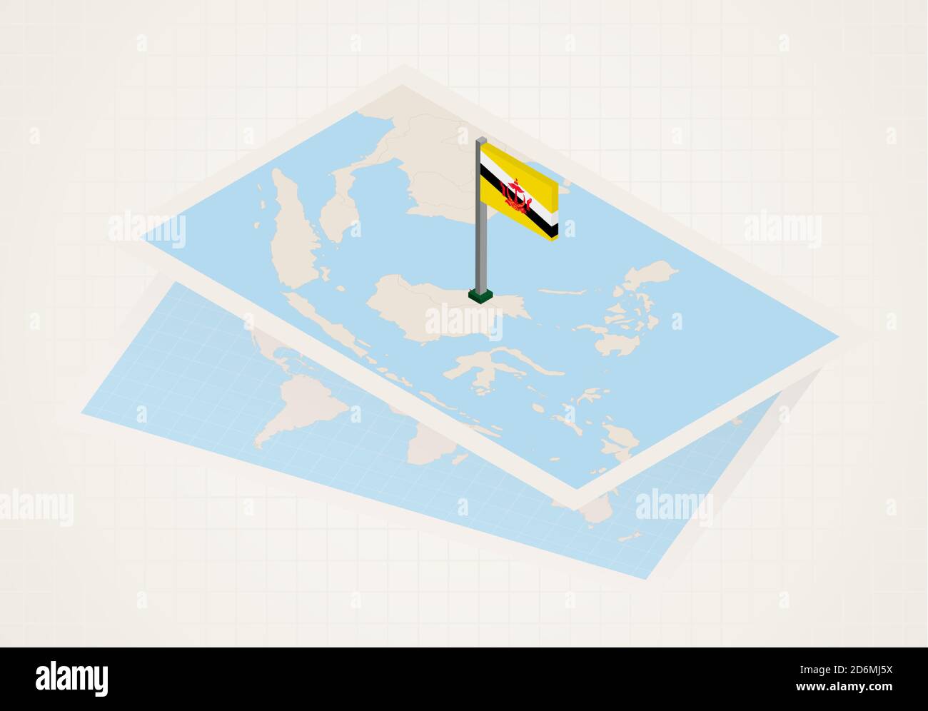 Brunei auf der Karte mit isometrischer Flagge von Brunei ausgewählt ...