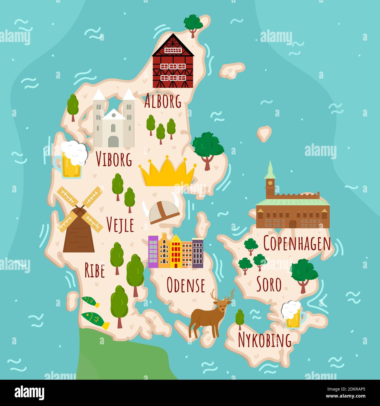 Stilisierte Landkarte von Dänemark. Cartoon-Karte mit Reise ...
