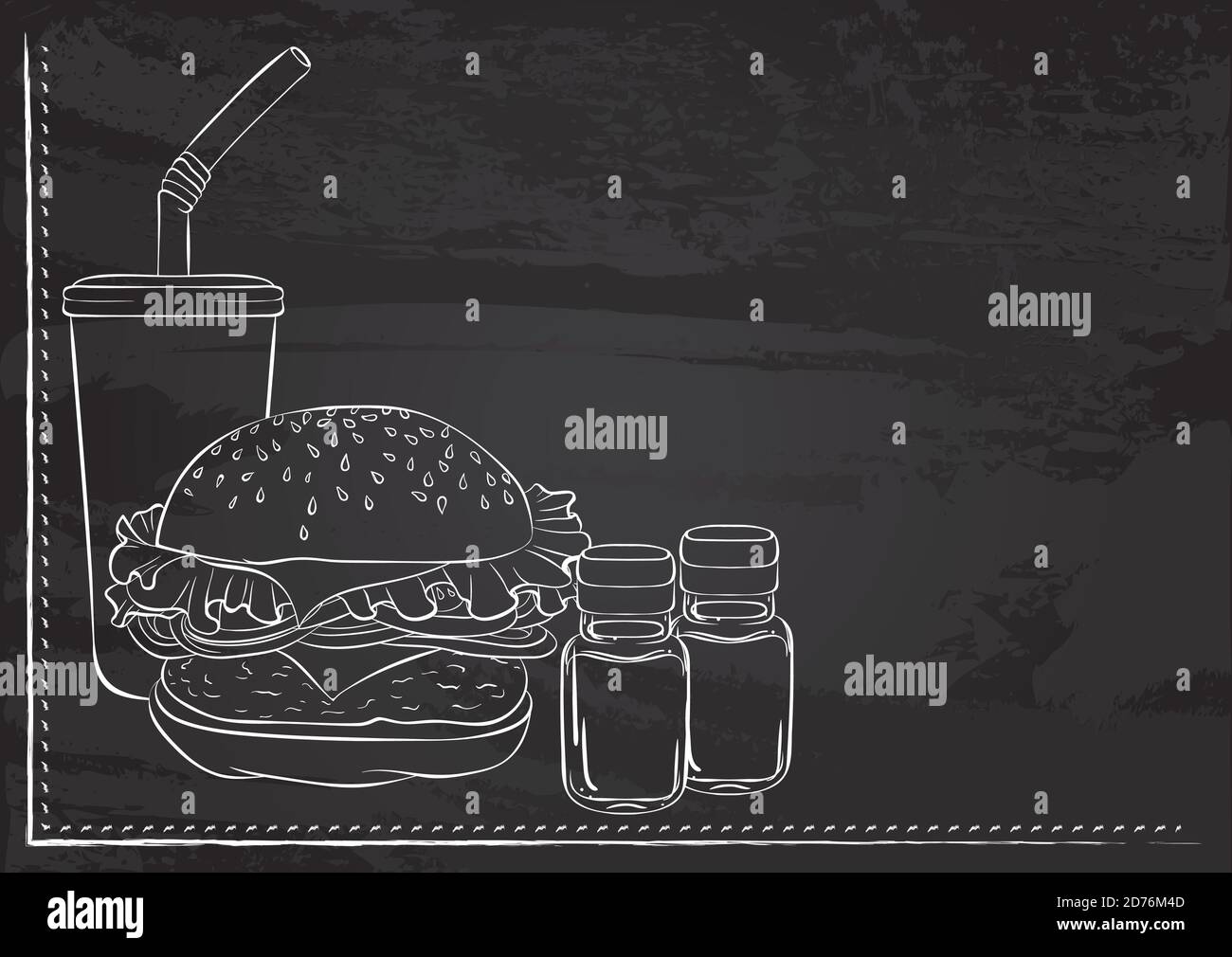 Vektor-Vorlage mit Stillleben mit Burger, Cola und Gewürzen stilisiert ...