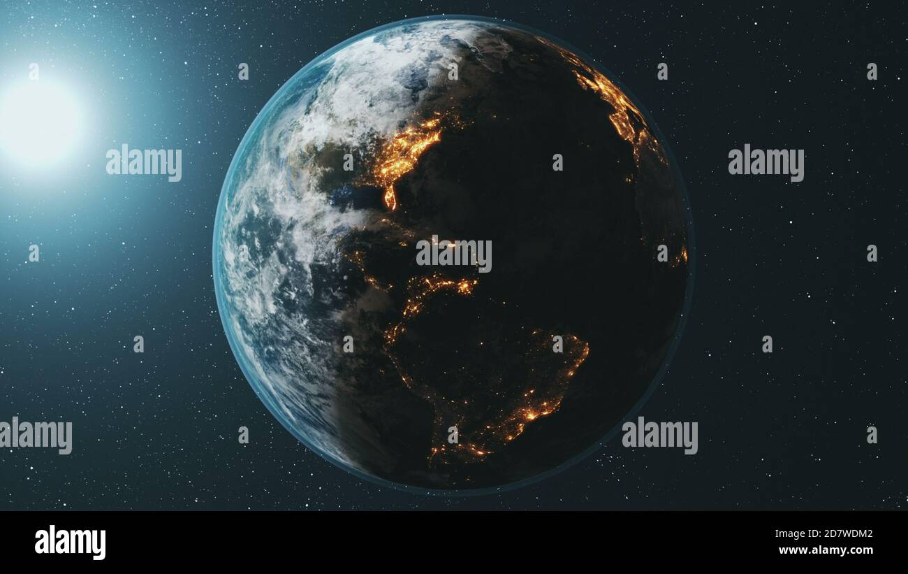 Erdplanet Umlaufbahn rotiert bei heller Sonne im dunklen Weltraum ...