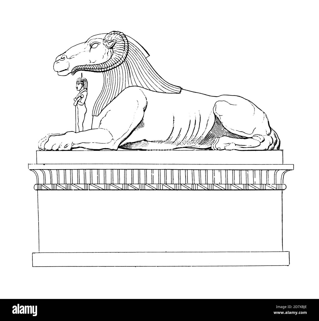Antike Gravur aus dem 19. Jahrhundert mit Widderkopf-Sphinx in Theben ...
