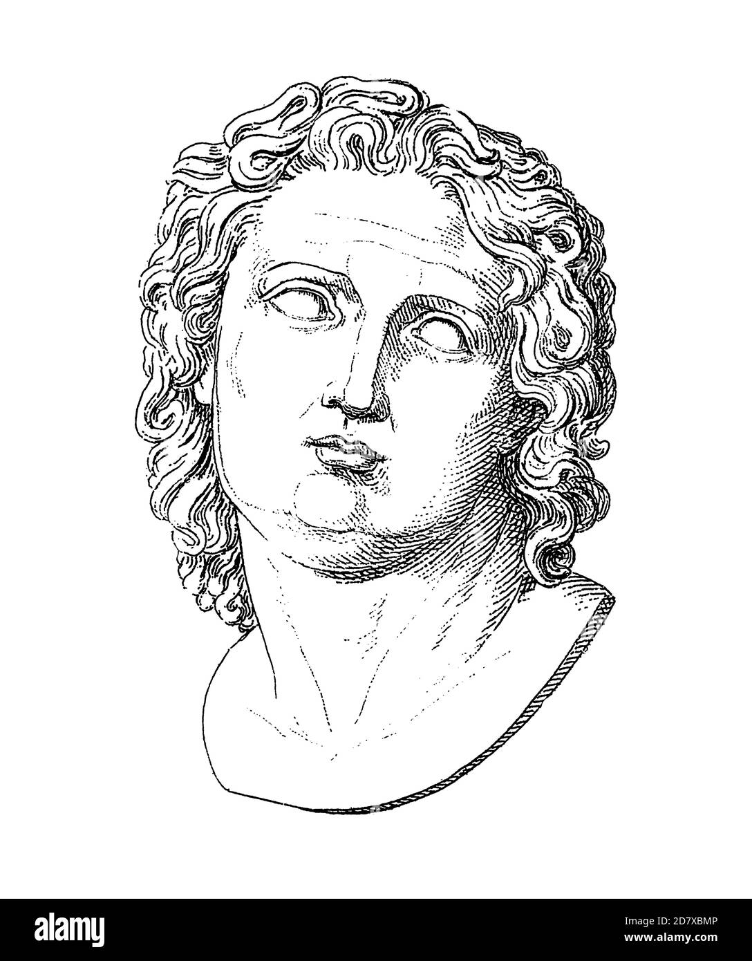 Antike Gravur, die Skulptur von Alexander dem Großen darstellt ...