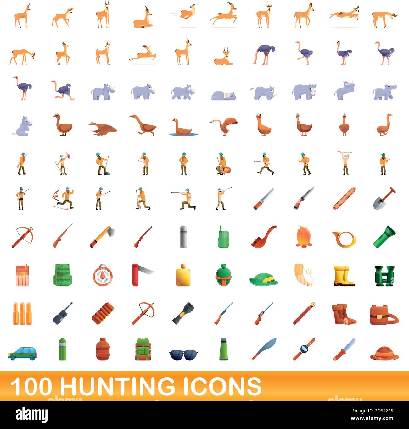 100 Symbole für die Jagd. Cartoon Illustration von 100 Jagd-Icons ...