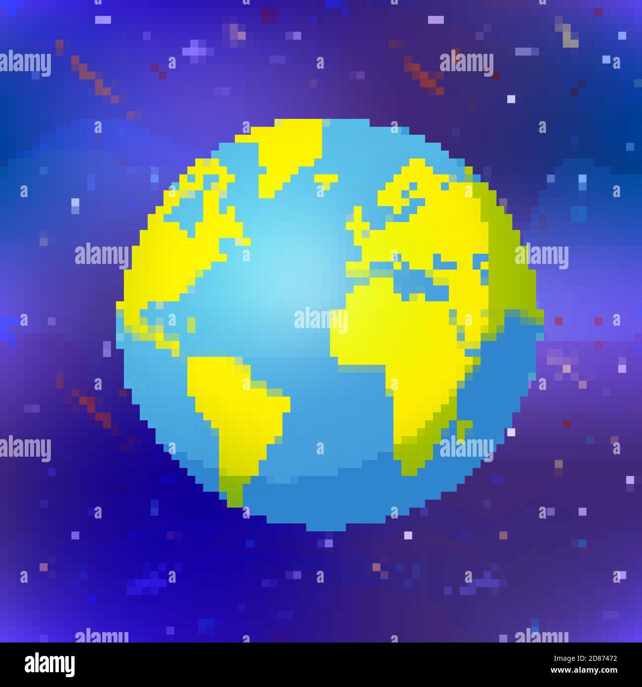 Heller Erdplanet im Pixel Art Stil, bunte Kugel auf Raum Hintergrund ...