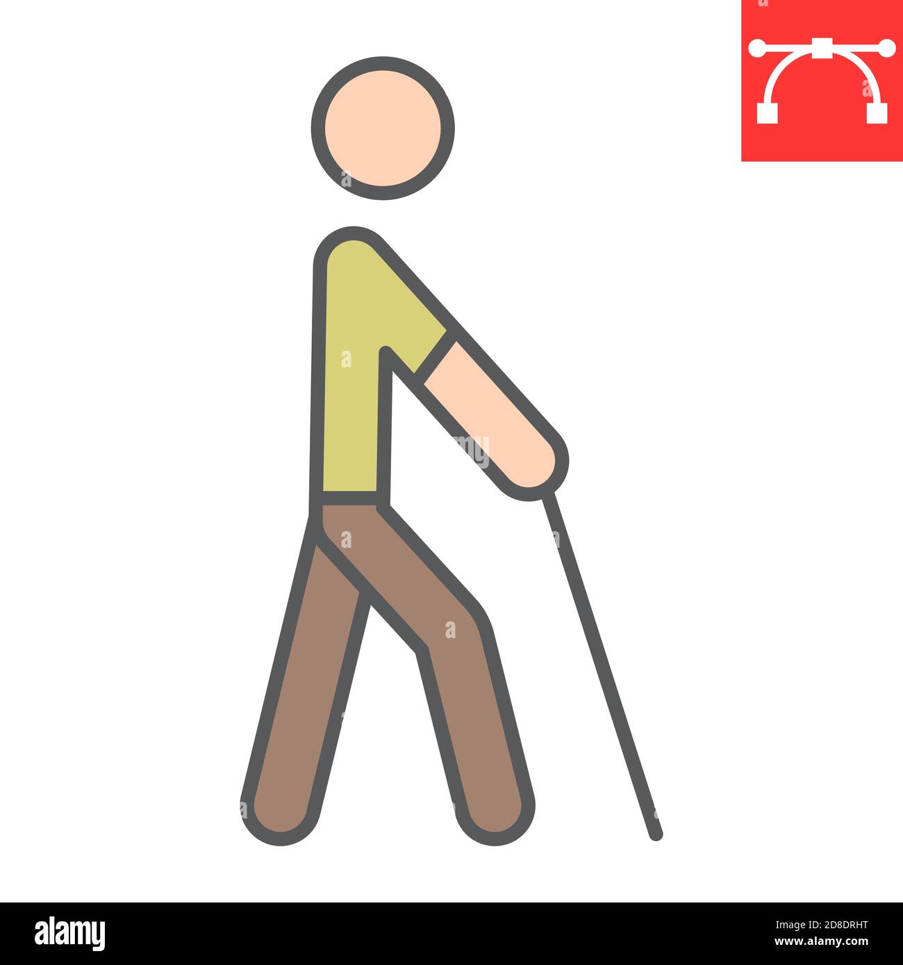 Blinder Mann mit Gehstock Farbe Linie Symbol, Behinderung und Blindheit ...