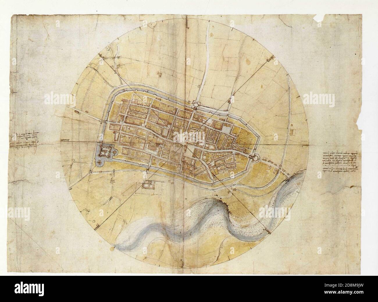 Leonardo da Vinci. Die Karte von Imola. 1502-1503. Stift und Tinte ...
