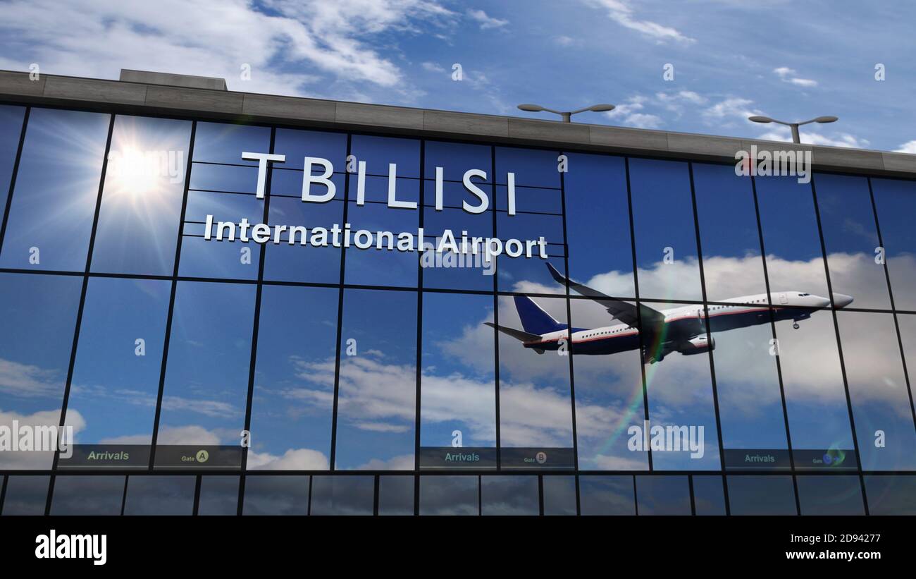 Jet-Flugzeuge landen in Tiflis, Georgien 3D-Darstellung. Ankunft in der ...