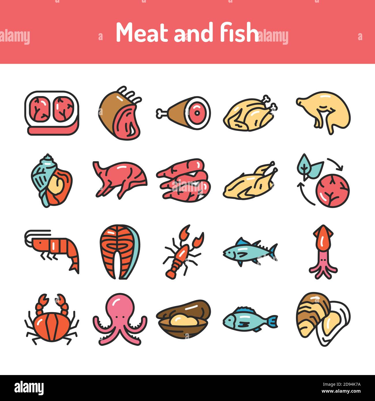 Symbole für Fleisch- und Fischfarblinien sind eingestellt. Isoliertes ...