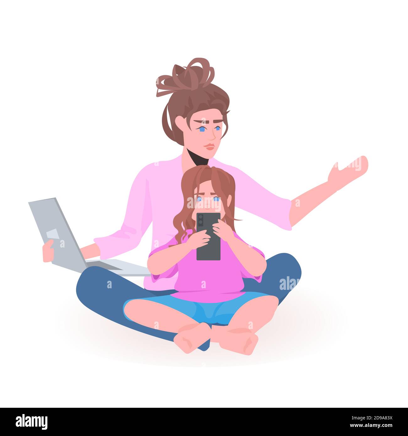 Junge Mutter mit Tochter mit digitalen Geräten glücklich Familie ... Junge Mutter mit Tochter mit digitalen Geräten glücklich Familie ...