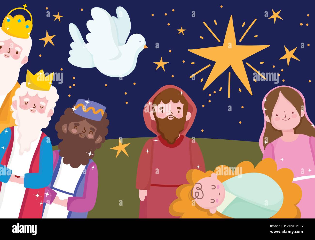 krippe, Krippe Cartoon Familie Weise Könige Taube und Stern Vektor ...