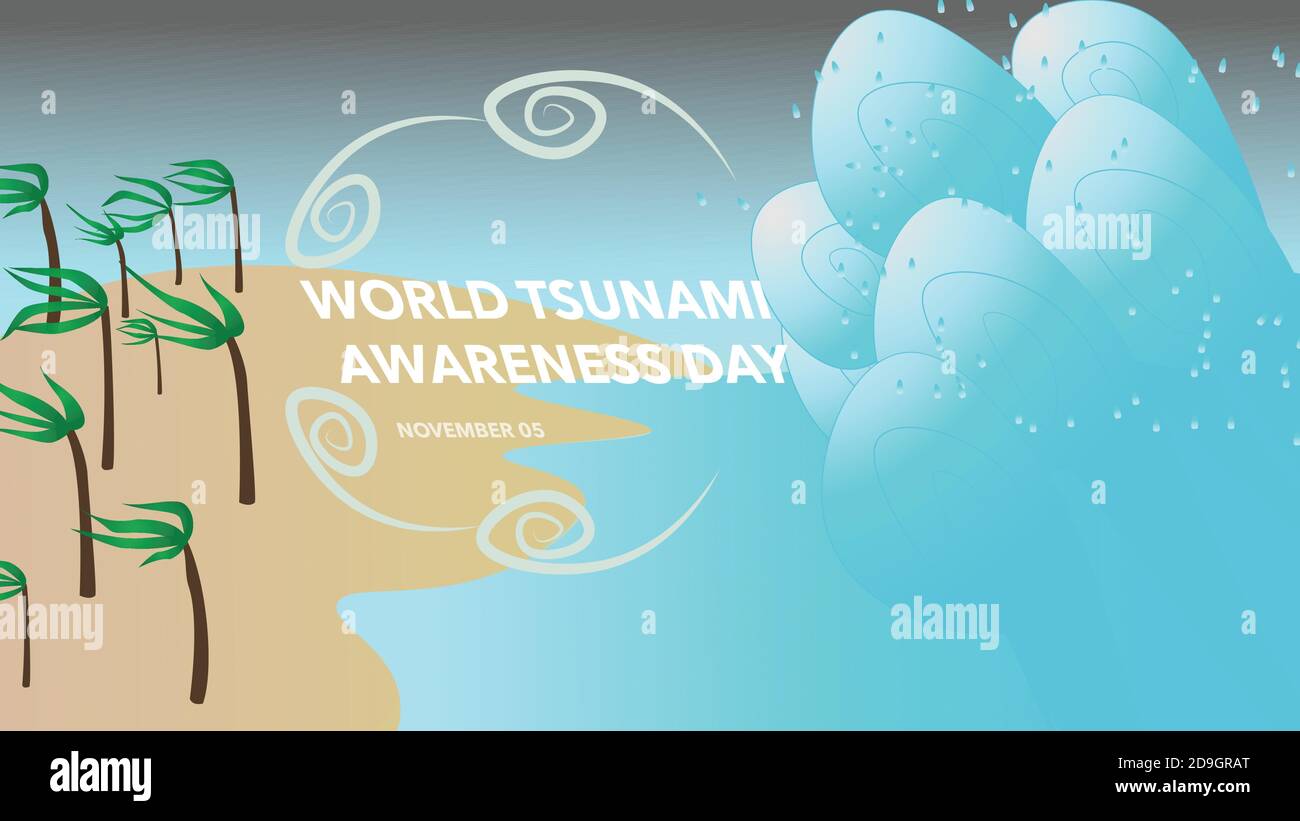 Eine zeichnerische Zeichnung einer Tsunami-Welle an einem Strand. World Tsunami Awareness Day, 5 ...