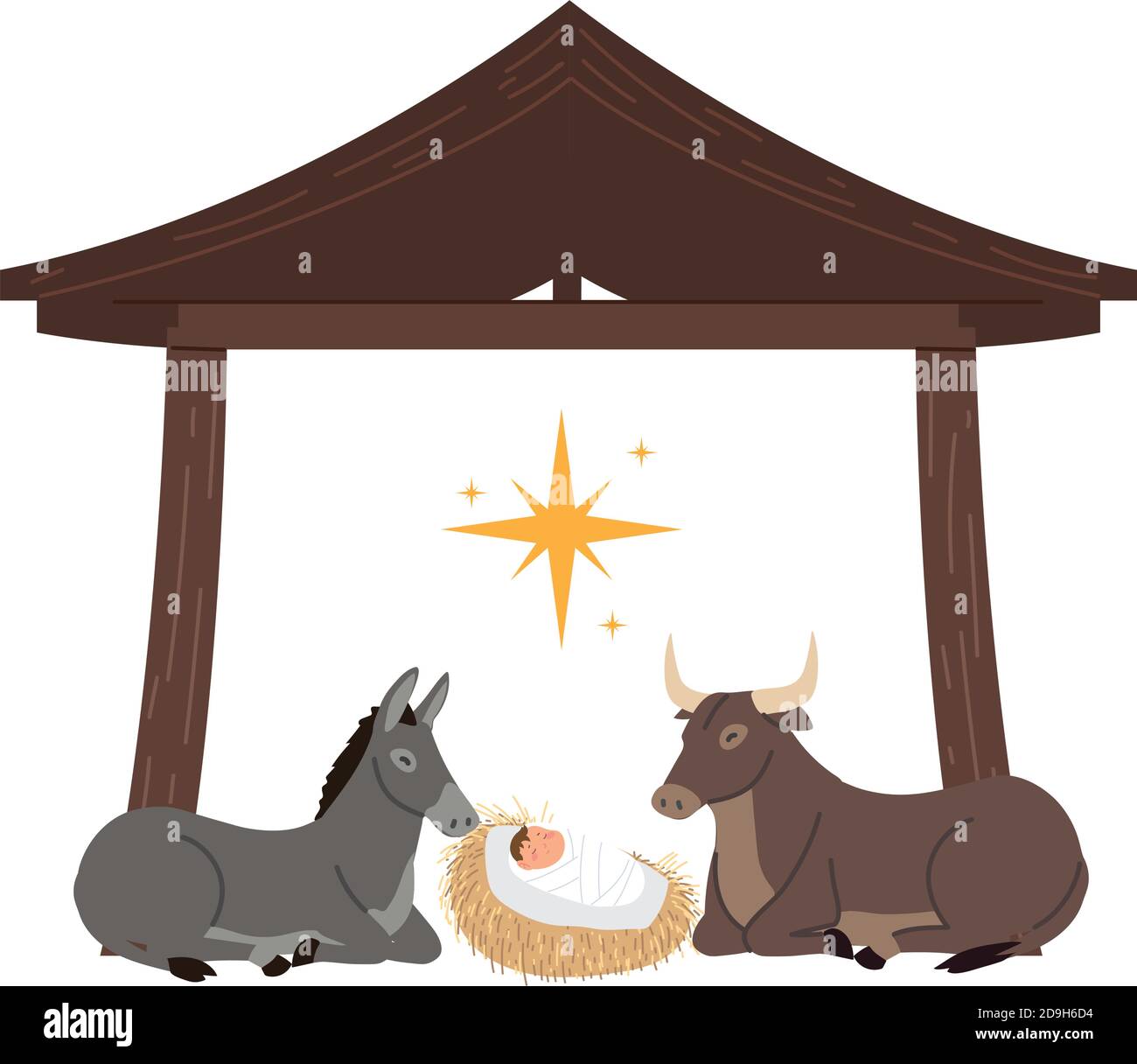 geburt, Krippe Szene Baby jesus mit Esel und Ochse in der Hütte Vektor ...
