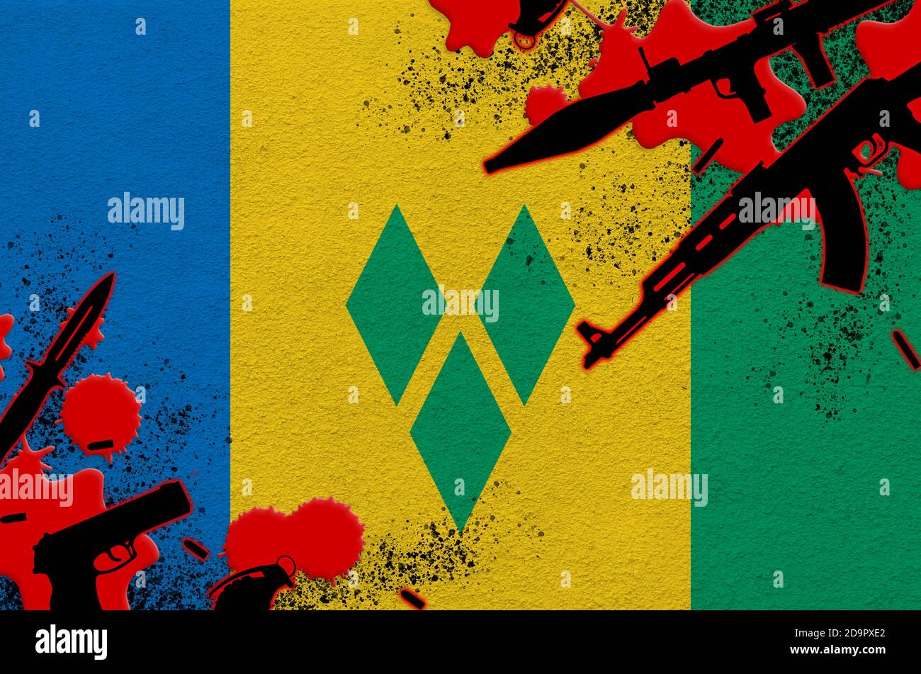 St. Vincent und die Grenadinen Flagge und verschiedene Waffen in rotem ...