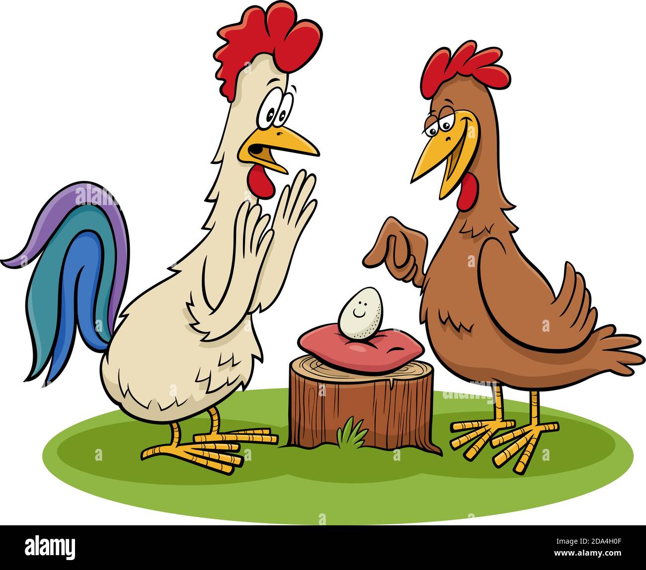 Cartoon-Illustration von Hahn und Henne mit Ei Bauernhof Tier Zeichen ...