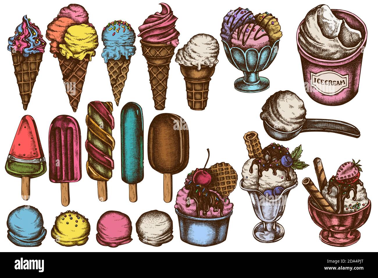 Vektor-Set von Hand gezeichneten farbigen Eisschüsseln, Eiskübel, Eis Eis Eis, Eis-Zapfen, Eis ...