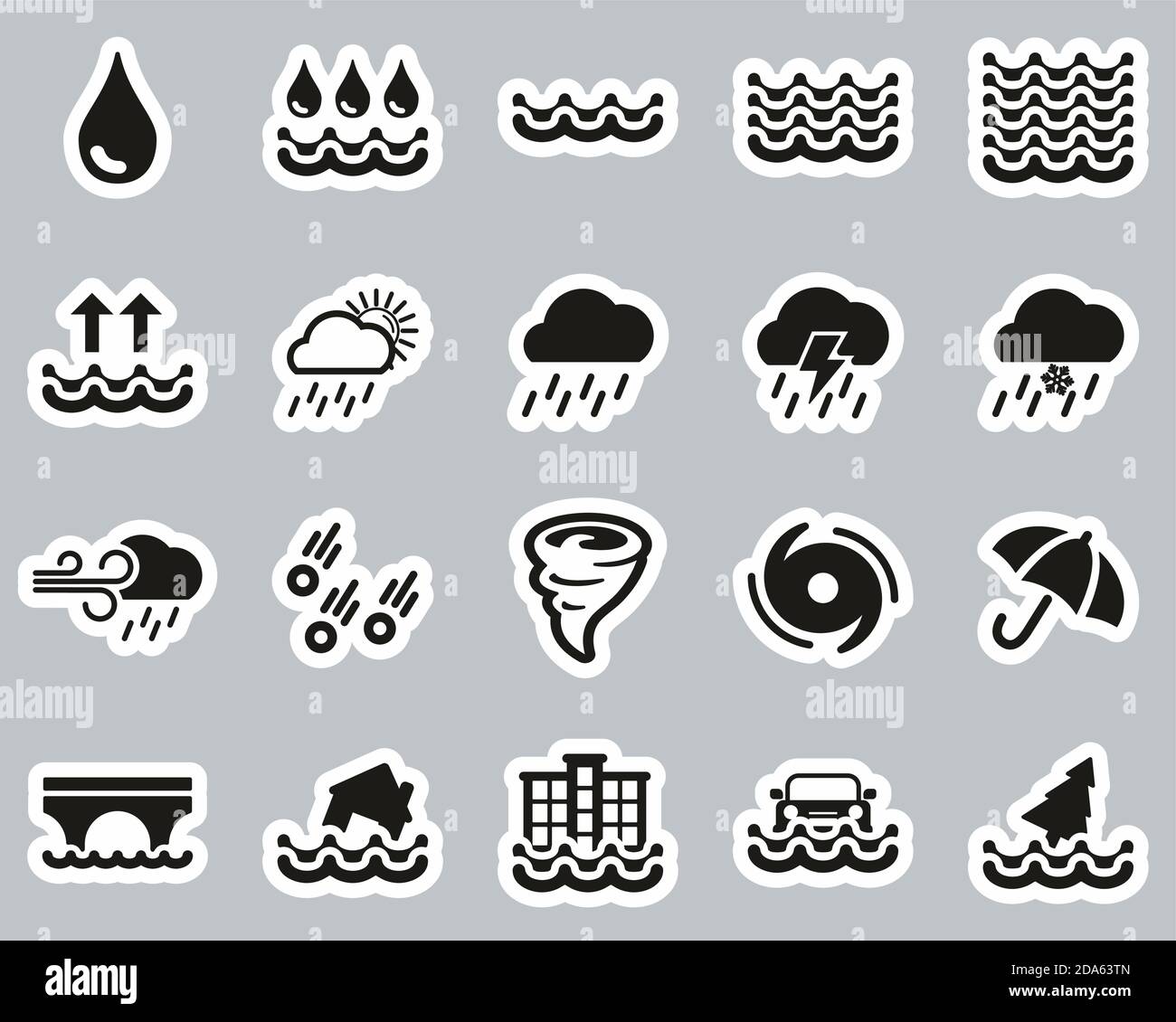 Regen & Flut Icons Schwarz & Weiß Sticker Set Groß Stock-Vektorgrafik ...