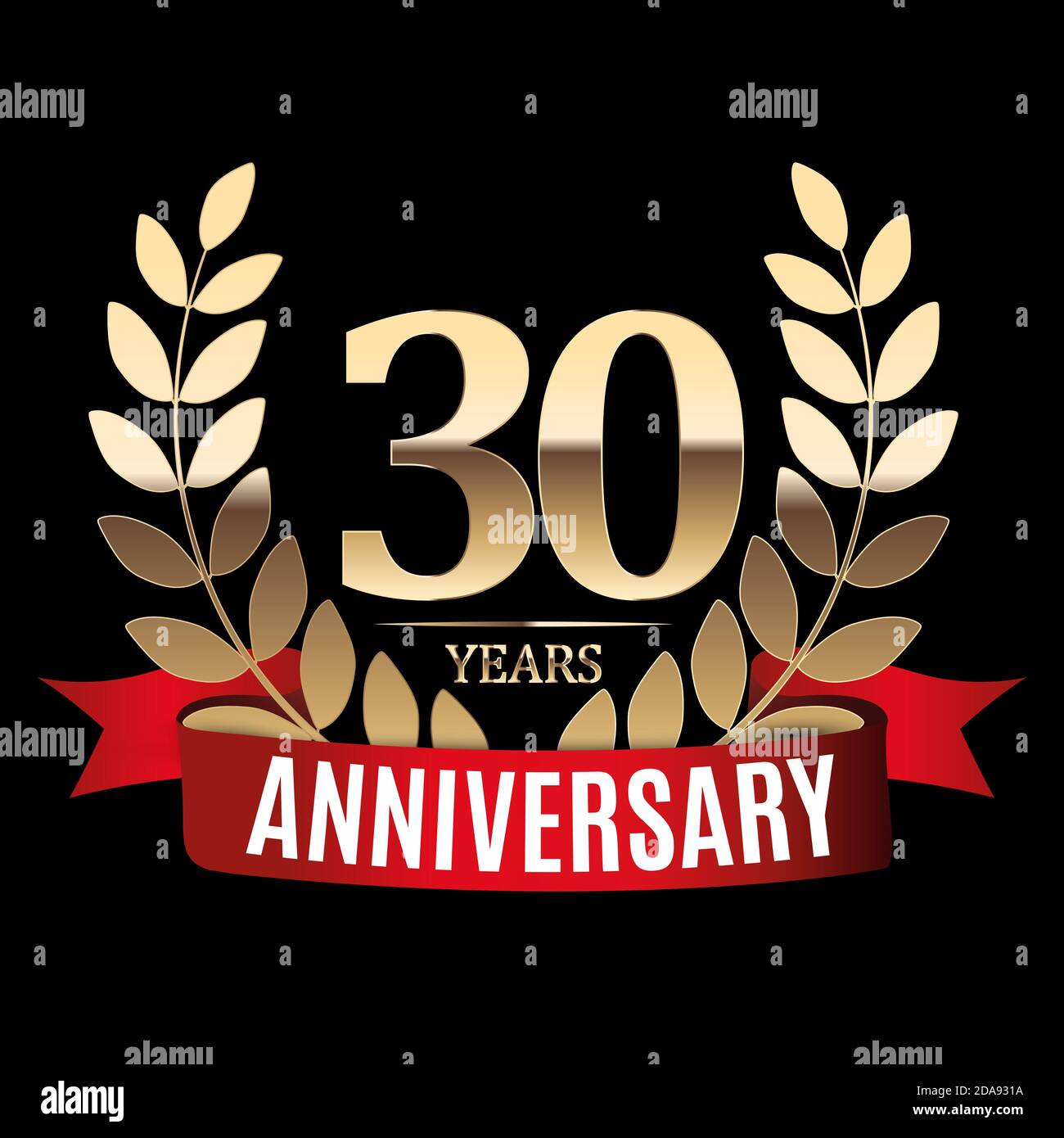 30 Jahre Jubiläum Goldene Schablone mit rotem Band und Lorbeer ...