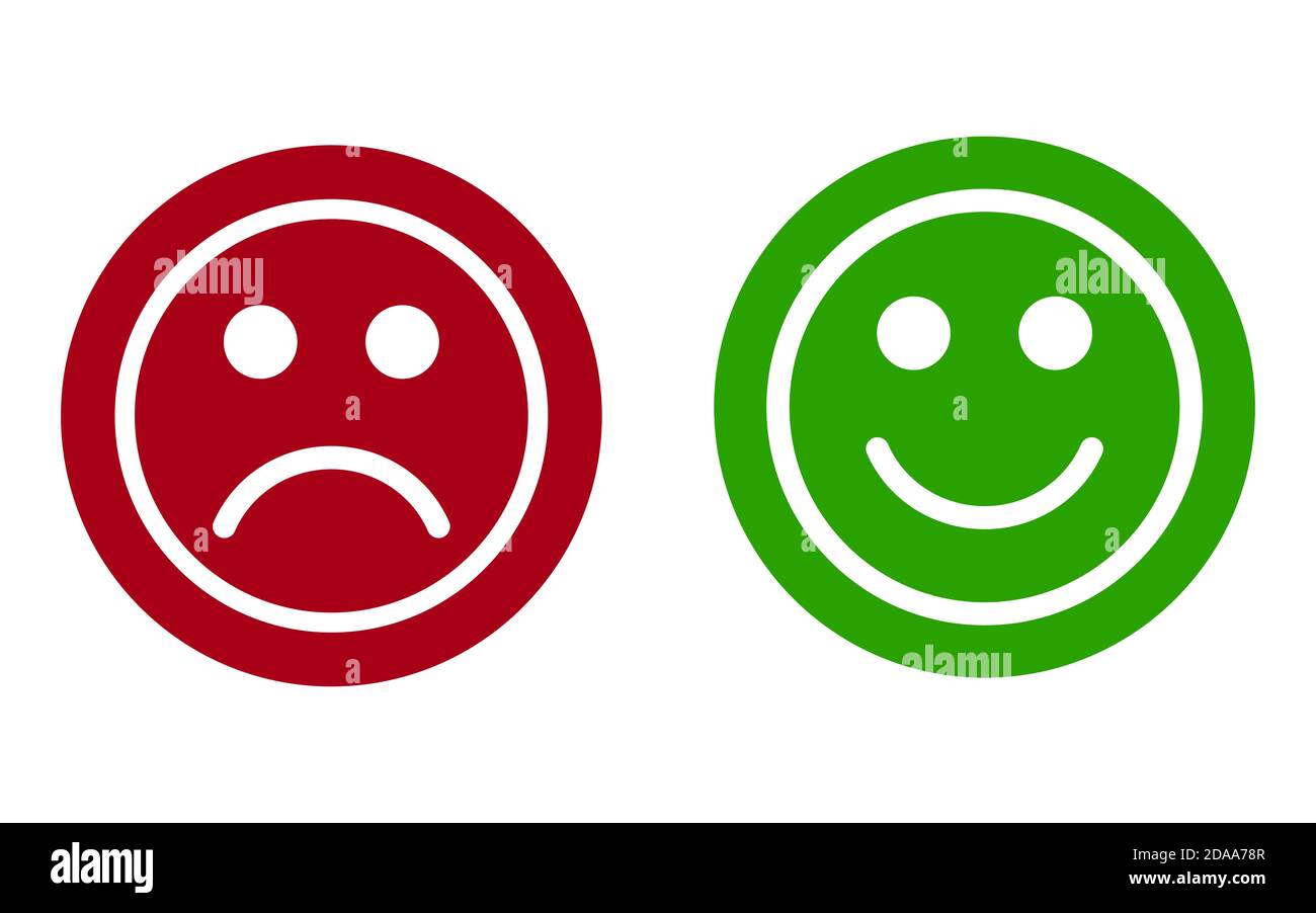 Lächelnde und traurige Emoticons. Grün und rot auf weißem Hintergrund ...
