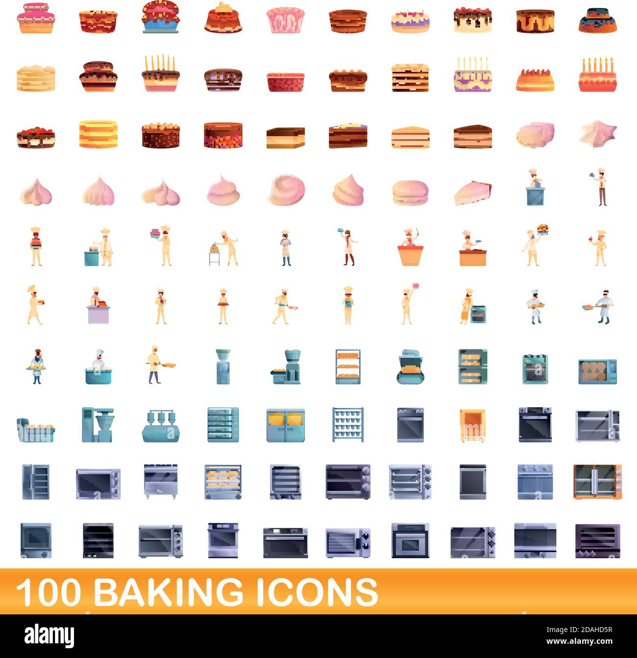 100 backen Symbole gesetzt. Cartoon Illustration von 100 backen Symbole ...