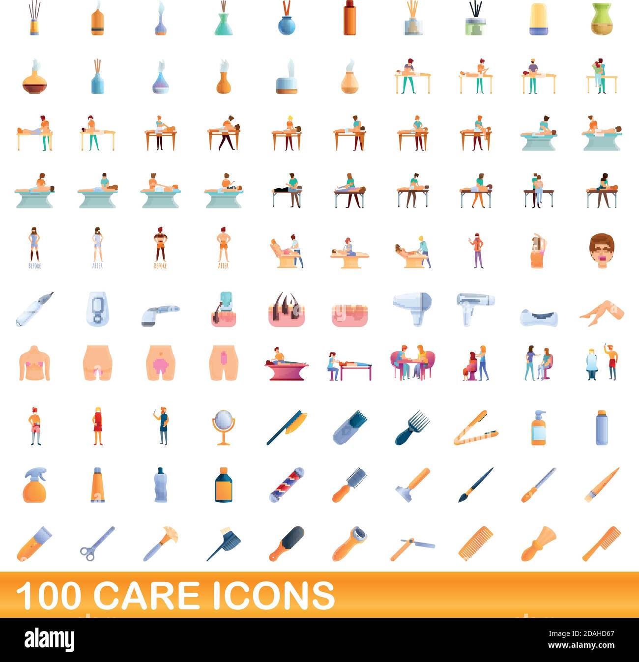 100 Pflegesymbole eingestellt. Cartoon-Illustration von 100 Pflege ...