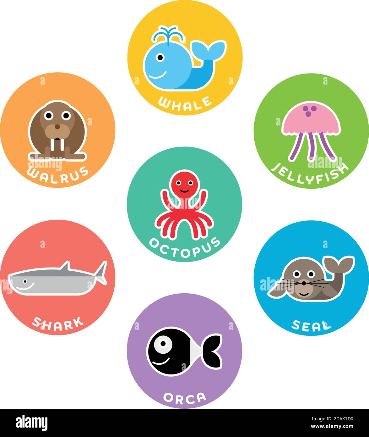 Meer und Meerestiere Sammlung. Set von 7 Comic-Figuren im Kreis mit ...
