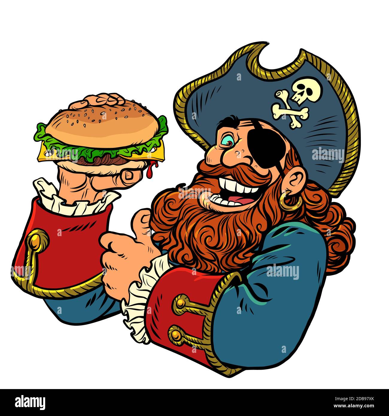 Pirat witzige Figur. Fast Food Burger. Comics karikieren die Zeichnung ...