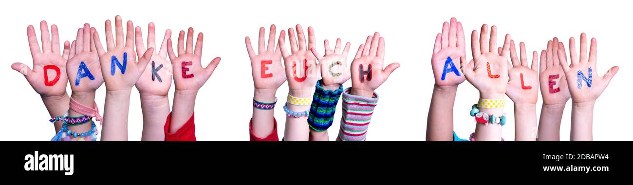 Kinder Hände Halten Bunt Deutsch Wort Danke Euch Allen Bedeutet Danke ...
