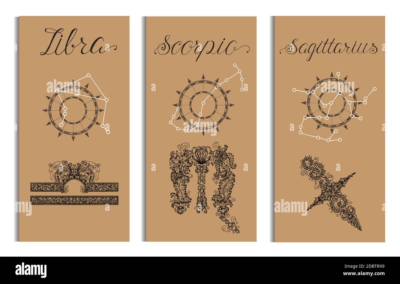 Plakat mit Waage, Skorpion, Schütze Sternzeichen und Sternbild ...