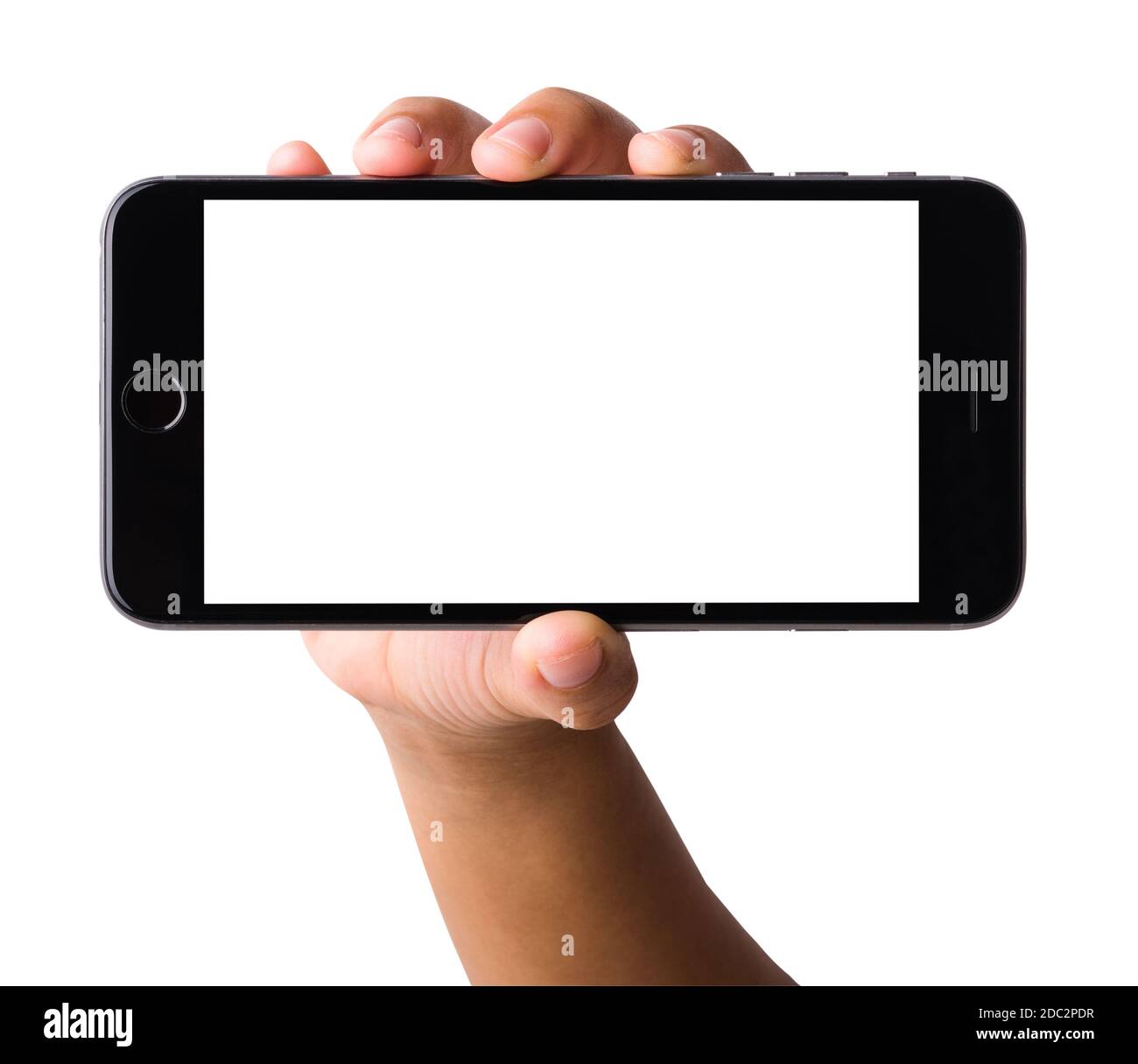 Frau Hand hält ein Smartphone leeren weißen Bildschirm. Weiblich hält ...