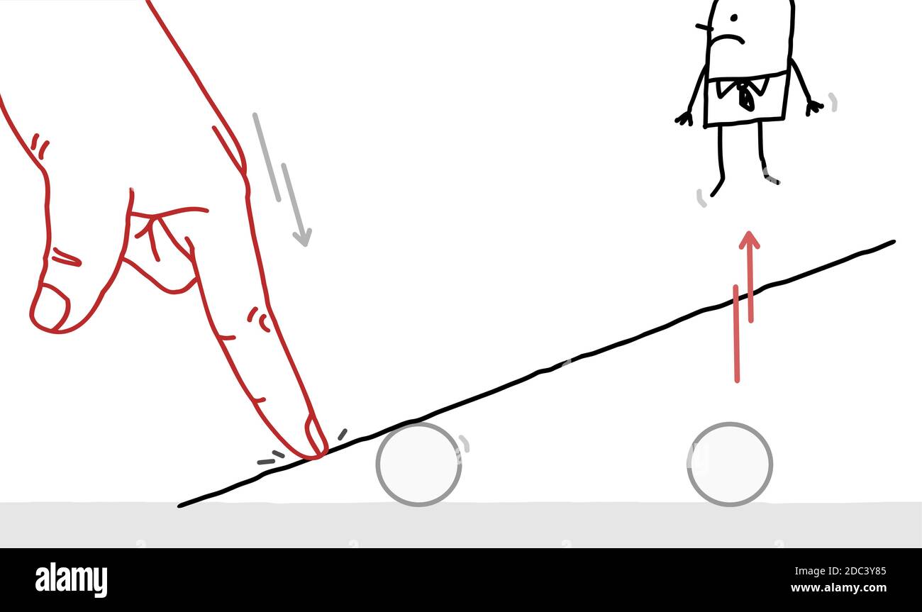 Hand gezeichnet Big Human Finger schieben auf einem Teeter-Board, und ...