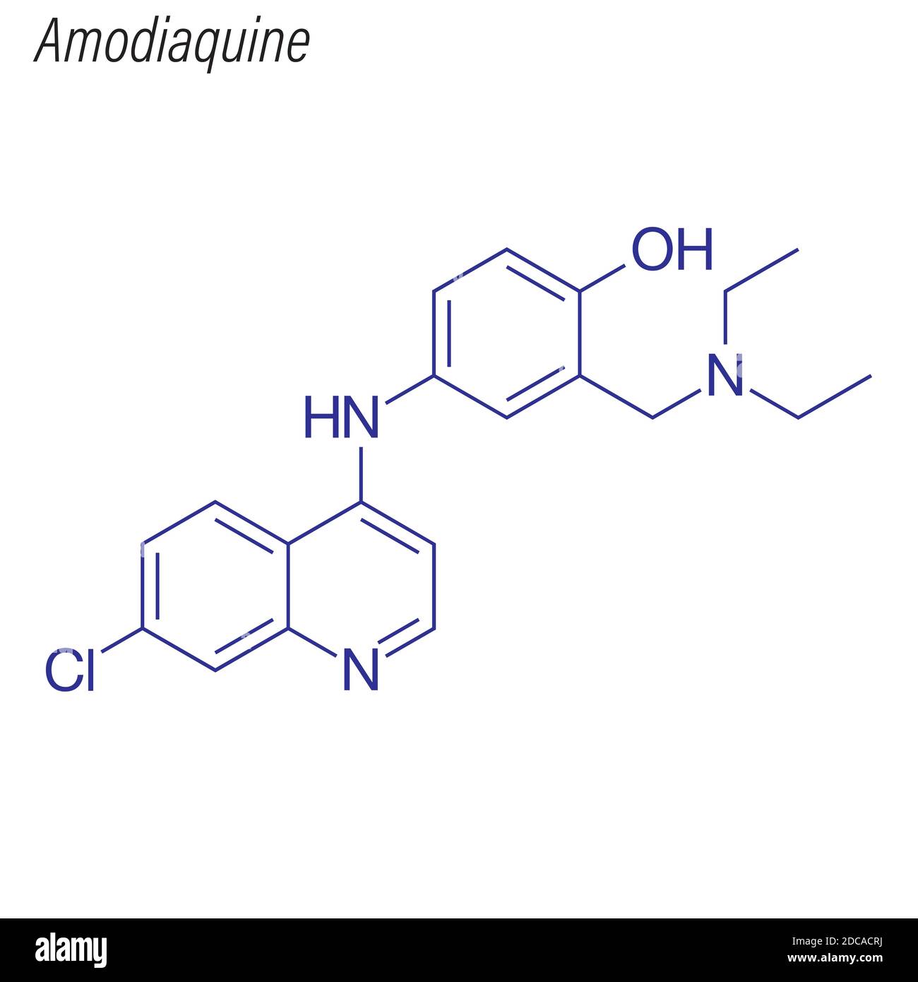 Skelettformel von Amodiaquin. Molekül der Medikamentenchemie Stock ...