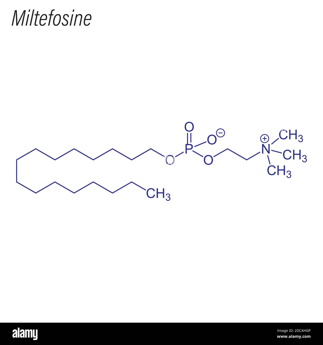 Skelettformel von Miltefosin. Molekül der Medikamentenchemie Stock ...