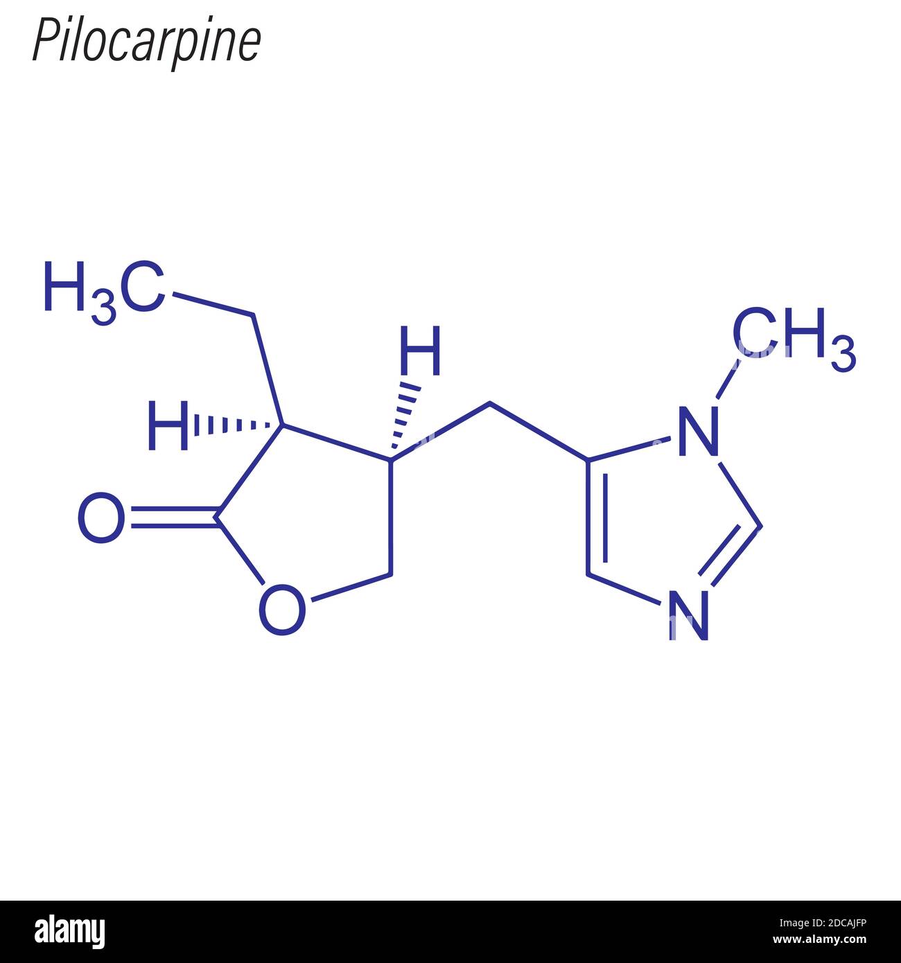 Skelettformel von Pilocarpin. Molekül der Medikamentenchemie Stock ...