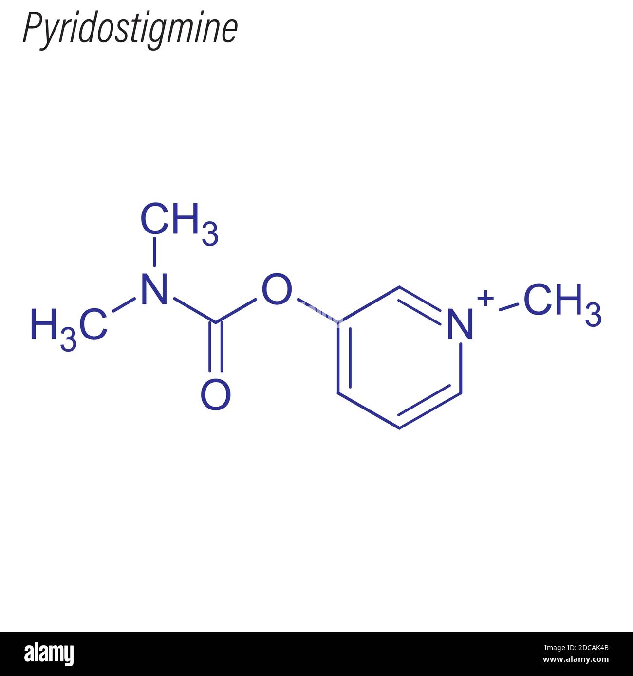 Skelettformel von Pyridostigmin. Molekül der Medikamentenchemie Stock ...