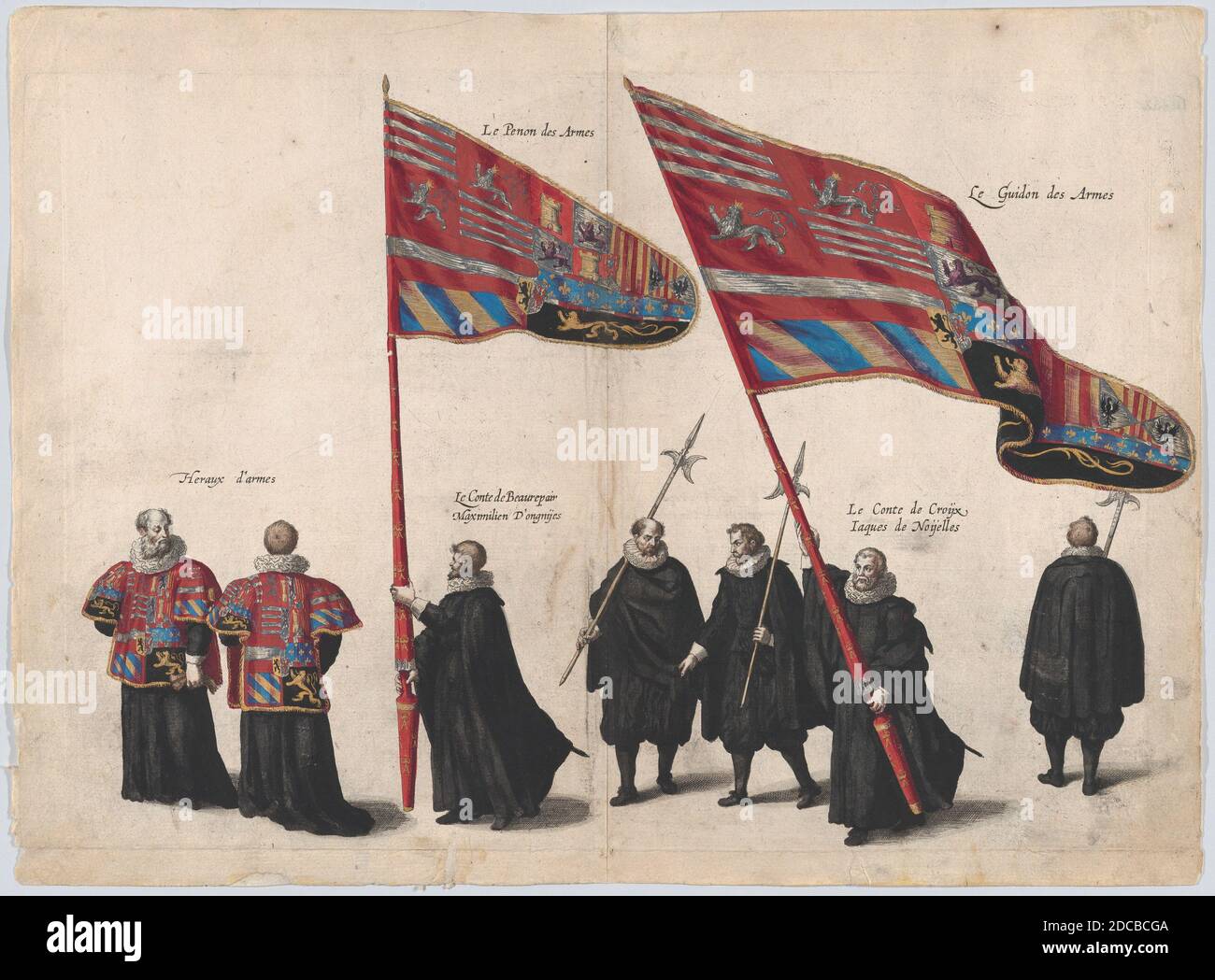 Tafel 48: Männer mit Wappen und heraldischen Fahnen marschieren in der ...