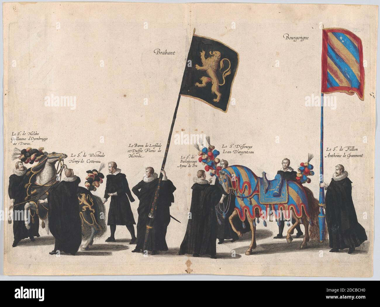 Tafel 45: Männer mit heraldischen Fahnen und Pferden aus dem Haus ...