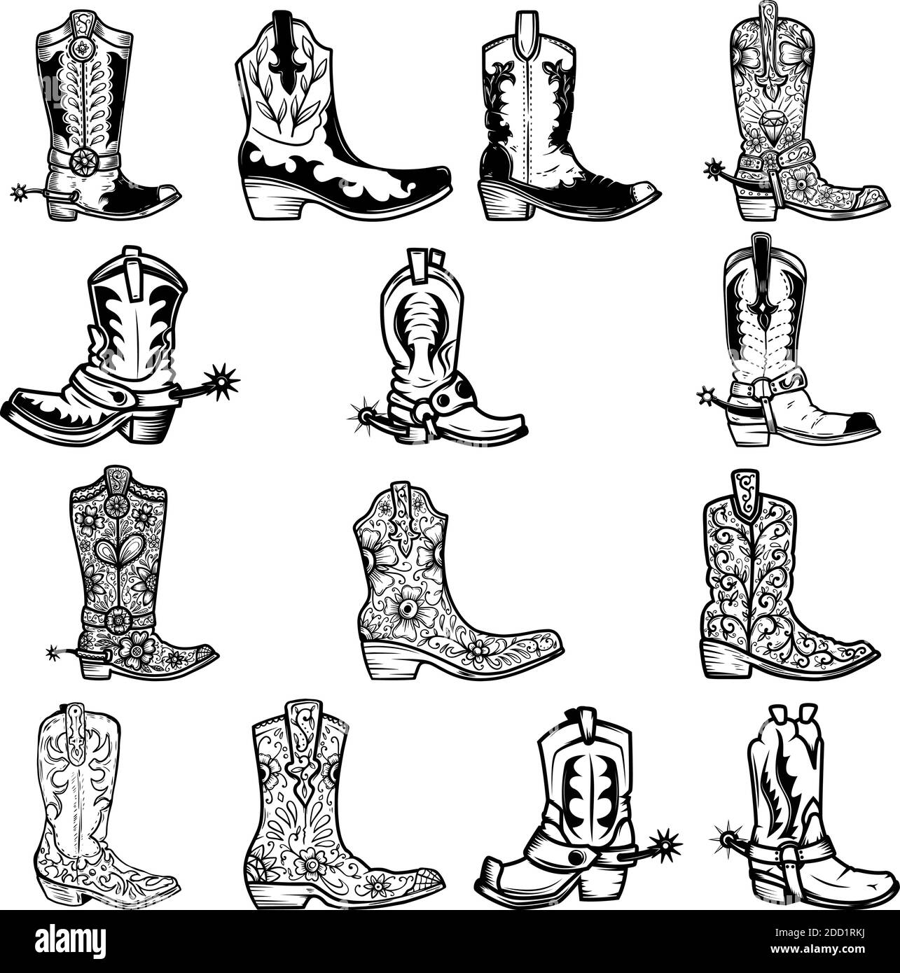Set der Illustration von Cowboy Stiefel im Vintage monochromen Stil ...