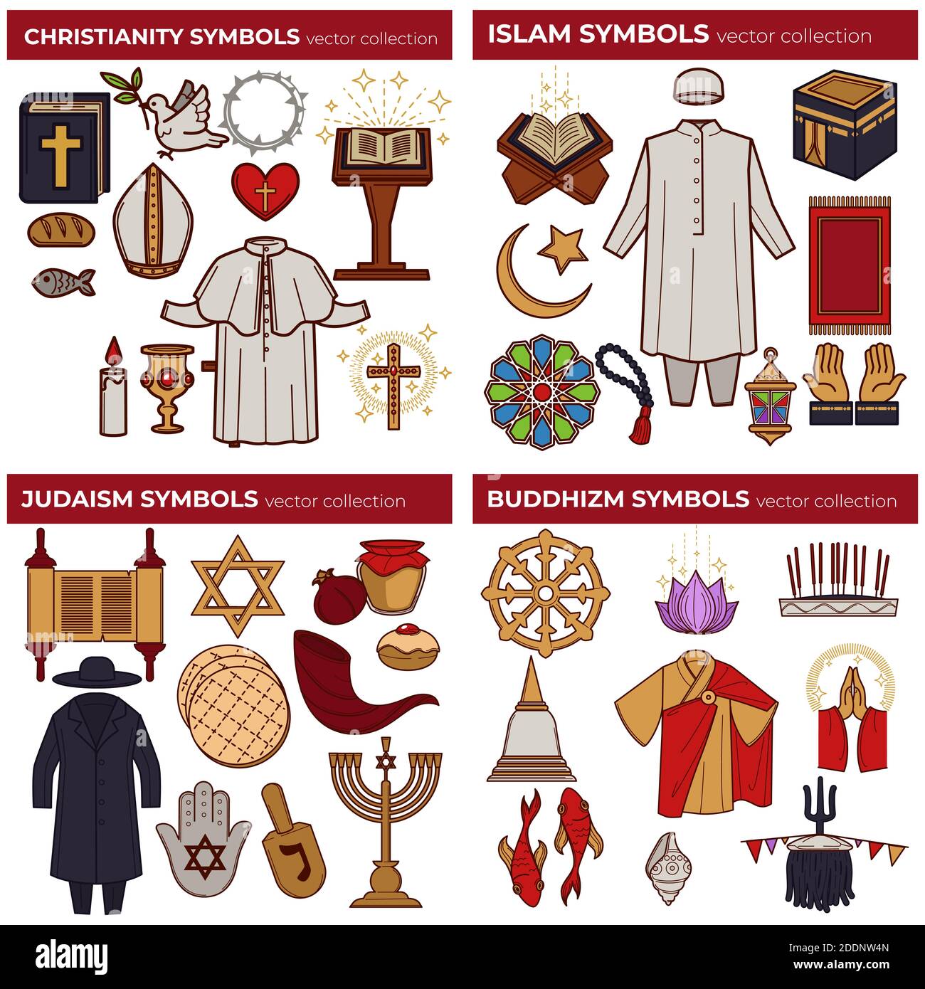 Weltreligionen Symbole Christentum und Islam Judentum und Buddhismus Stock-Vektorgrafik - Alamy