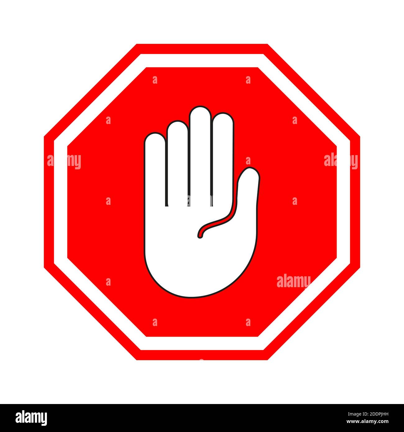 Stoppschild. Rotes Verbotszeichen mit menschlicher Hand in Form eines ...