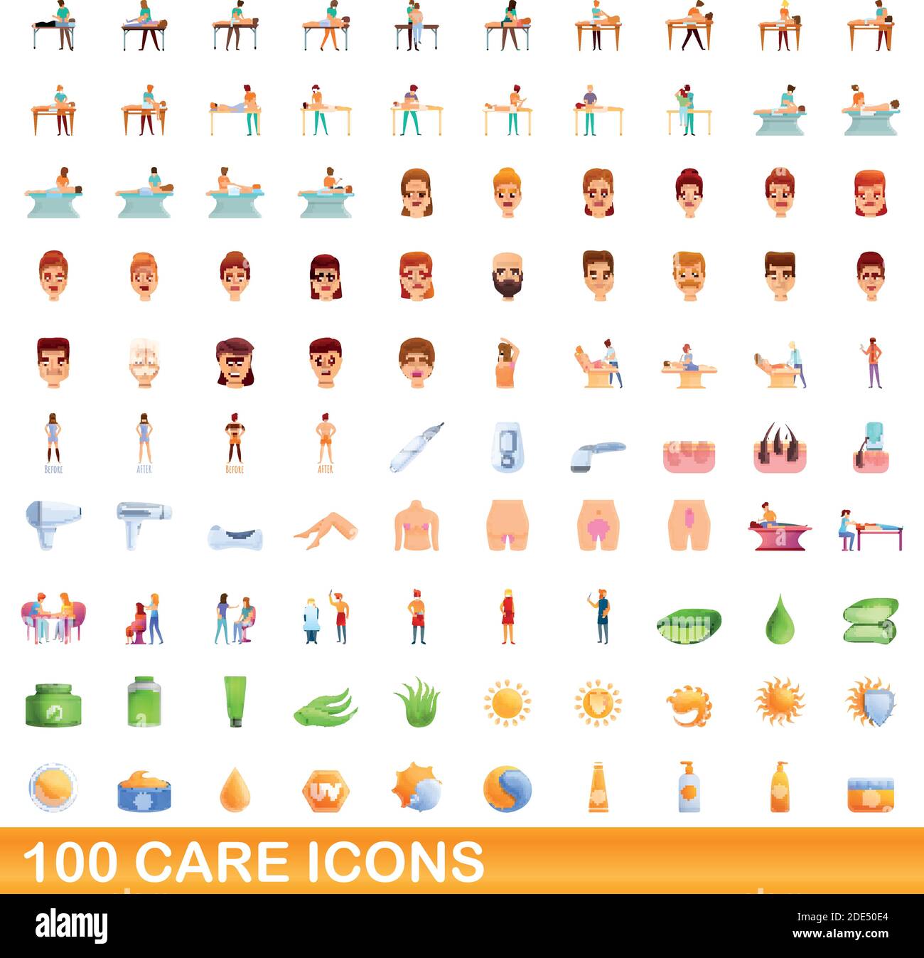 100 Pflegesymbole eingestellt. Cartoon-Illustration von 100 Pflege ...