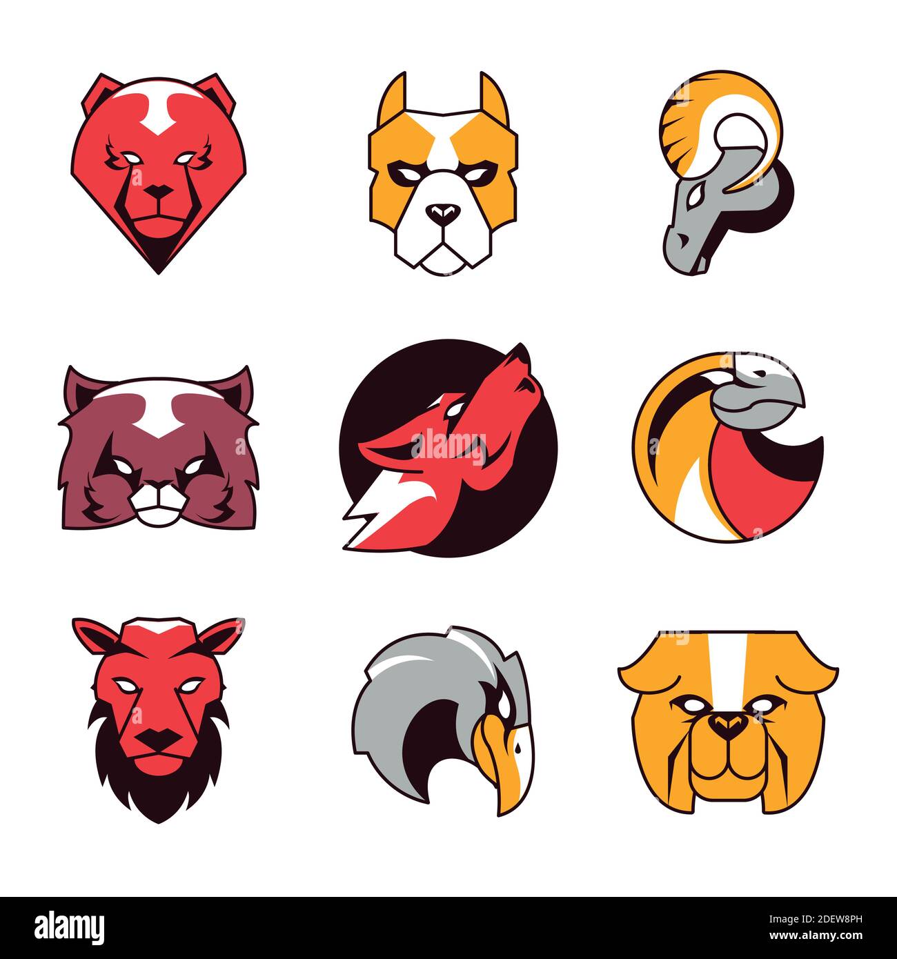 Bündel von neun Köpfen Tiere Embleme Symbole in weißem Hintergrund ...