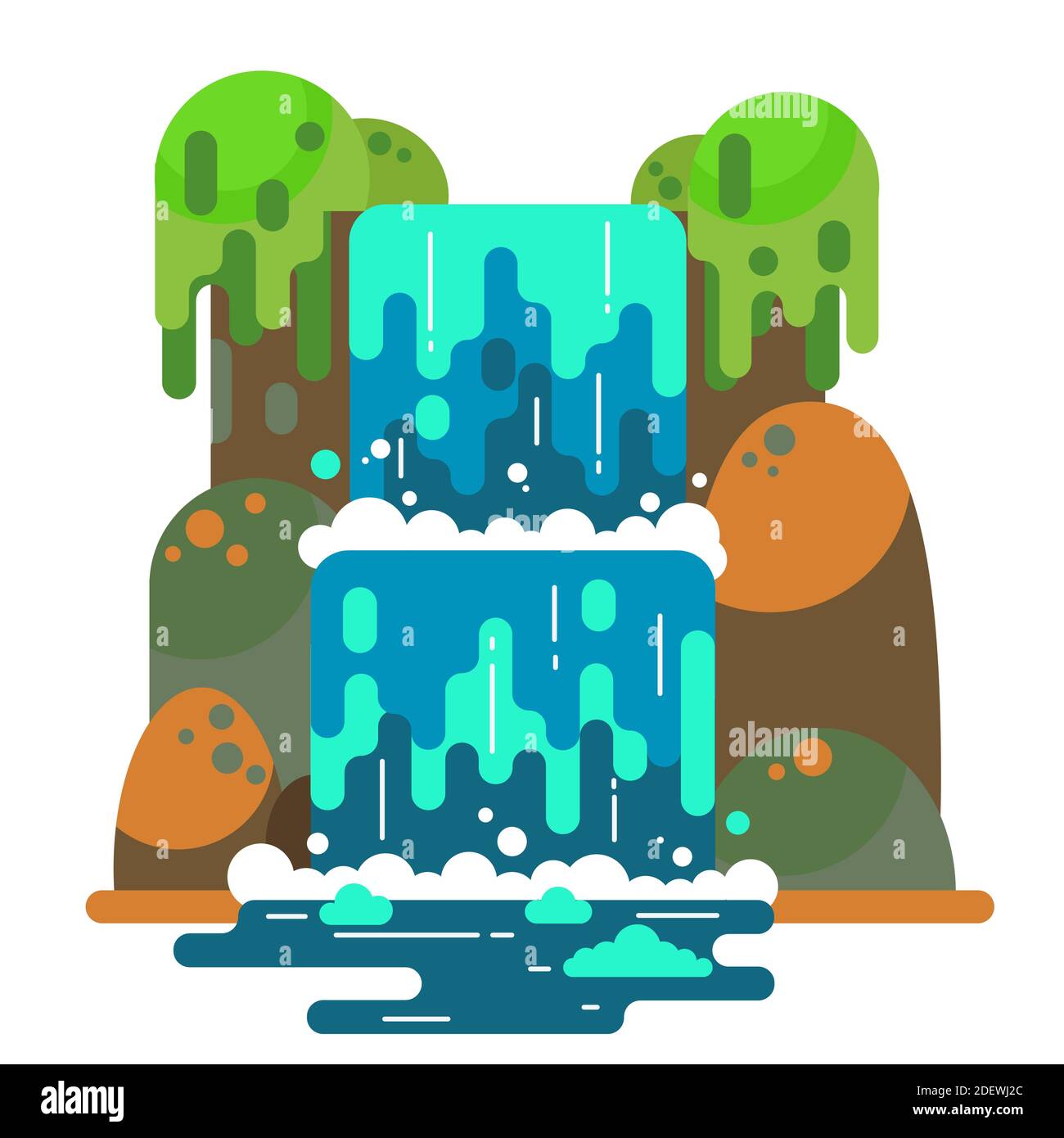 Wasserfall-Landschaft. Gebirgsfluss mit Kaskade. Vektor flache Cartoon ...