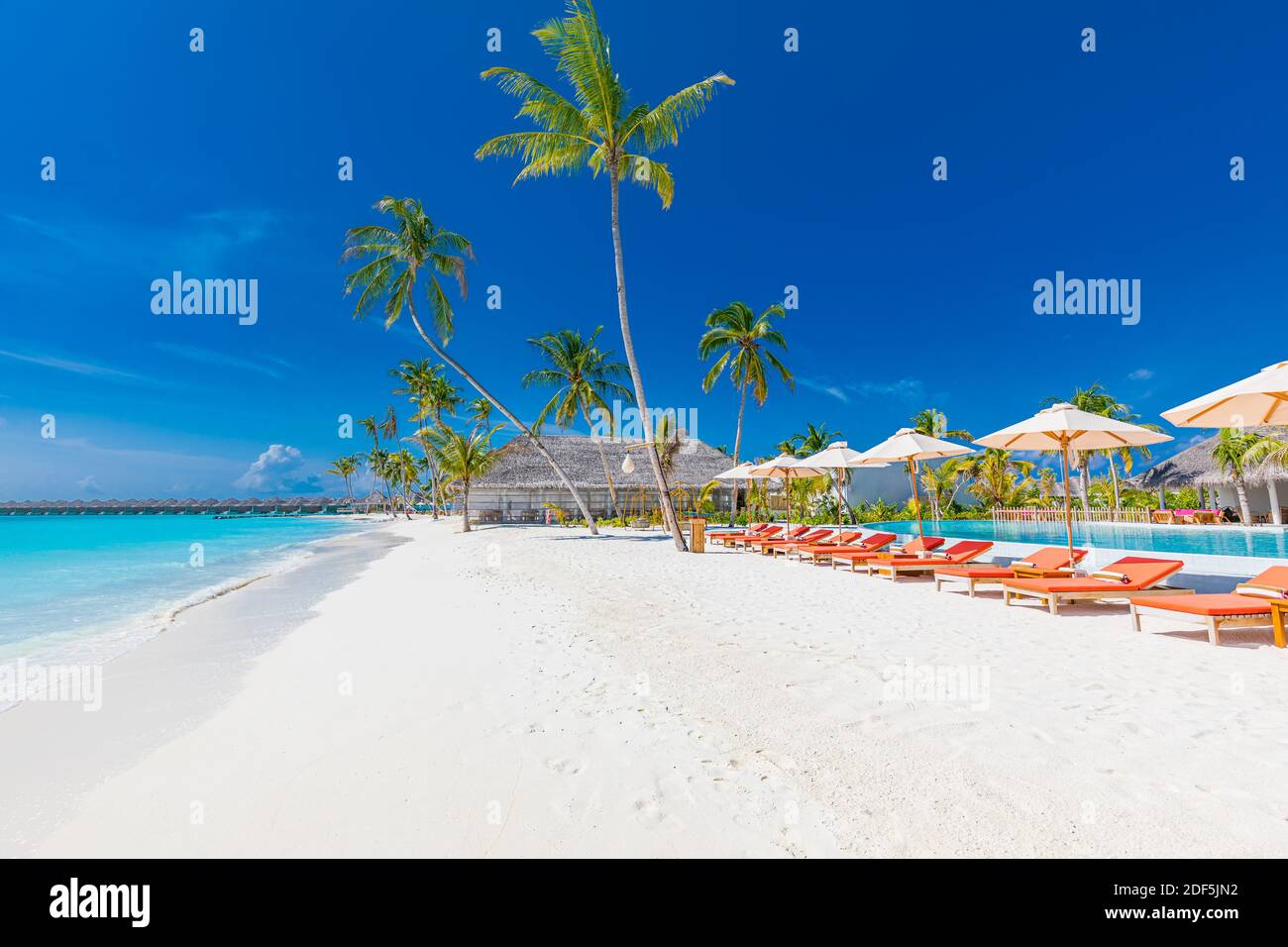 Strandlandschaft. Luxuriöses Strandresort mit Pool und Liegen oder Liegen unter Sonnenschirmen ...