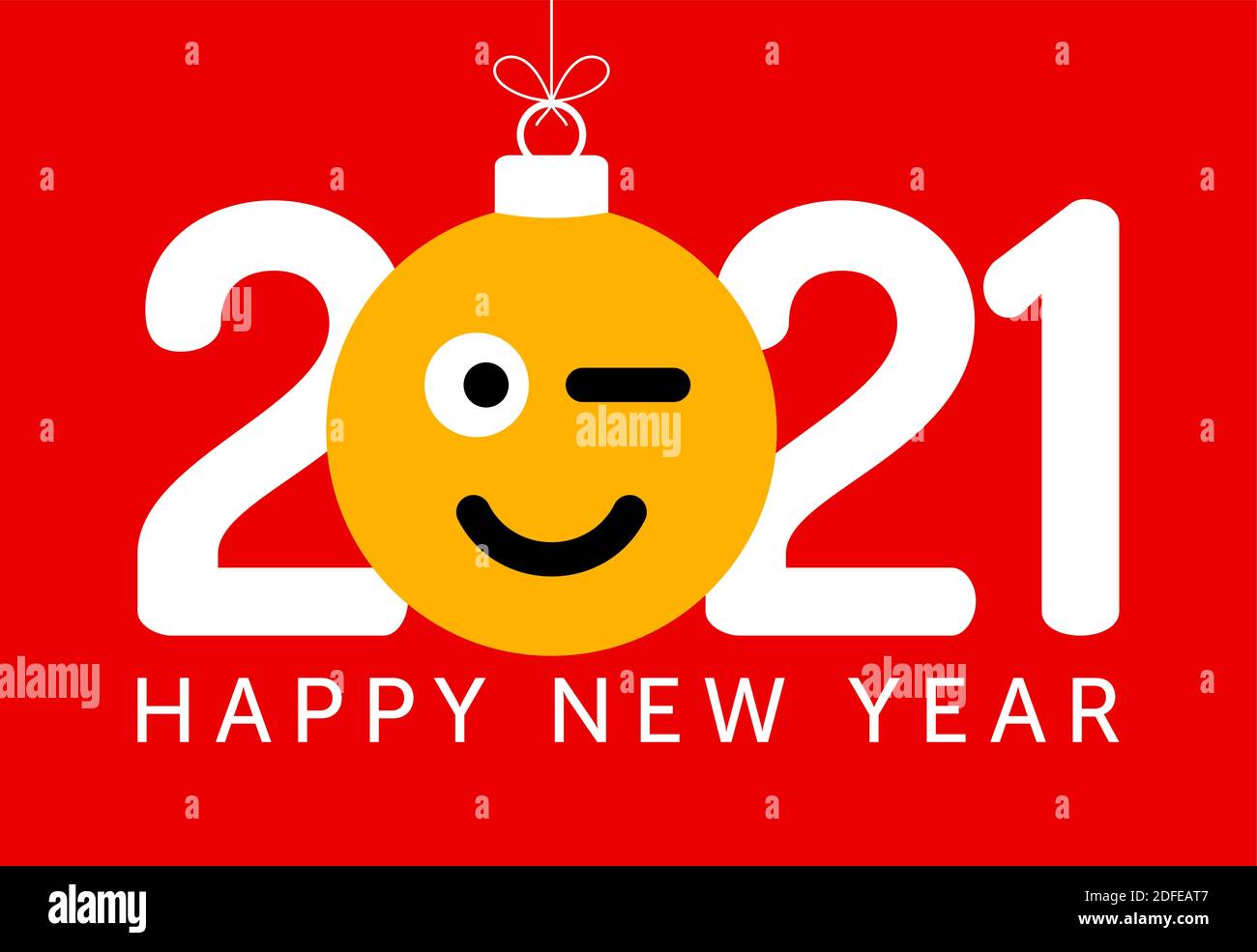 Grußkarte für 2021 Neujahr mit lächelndem winkenden Emoji-Gesicht, das ...