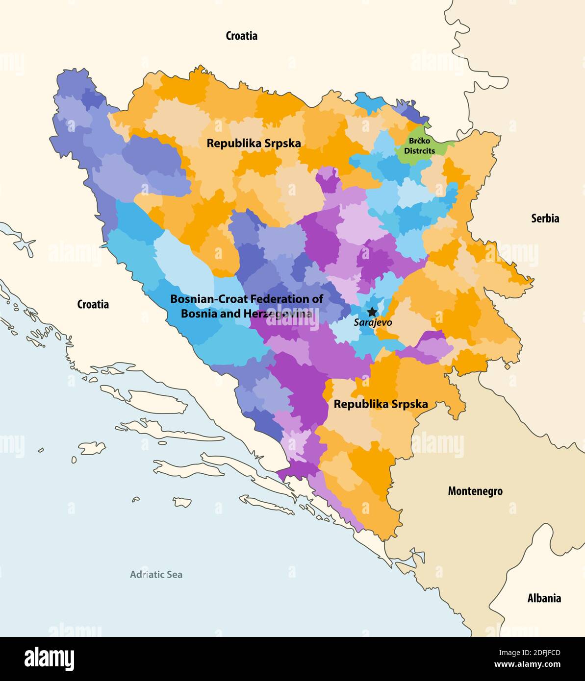 Vektor-Karte von Gemeinden von Bosnien und Herzegowina nach Regionen, mit benachbarten Ländern ...