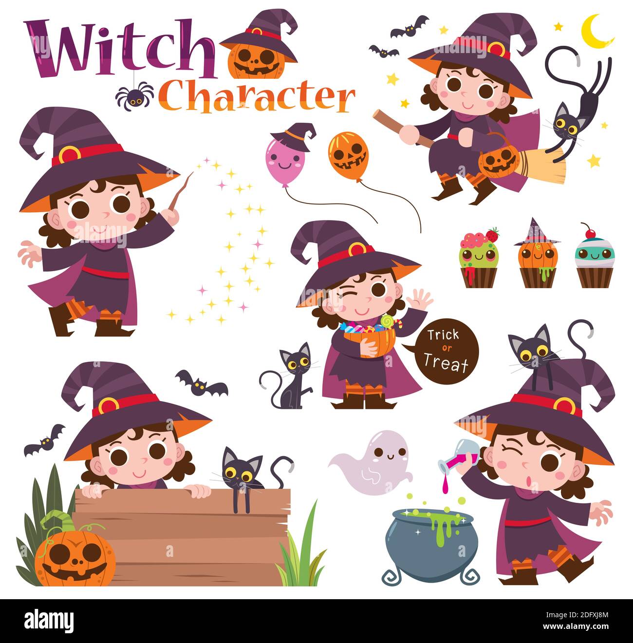 Vektor-Illustration von Cartoon Set Hexen Zeichen Stock-Vektorgrafik ...