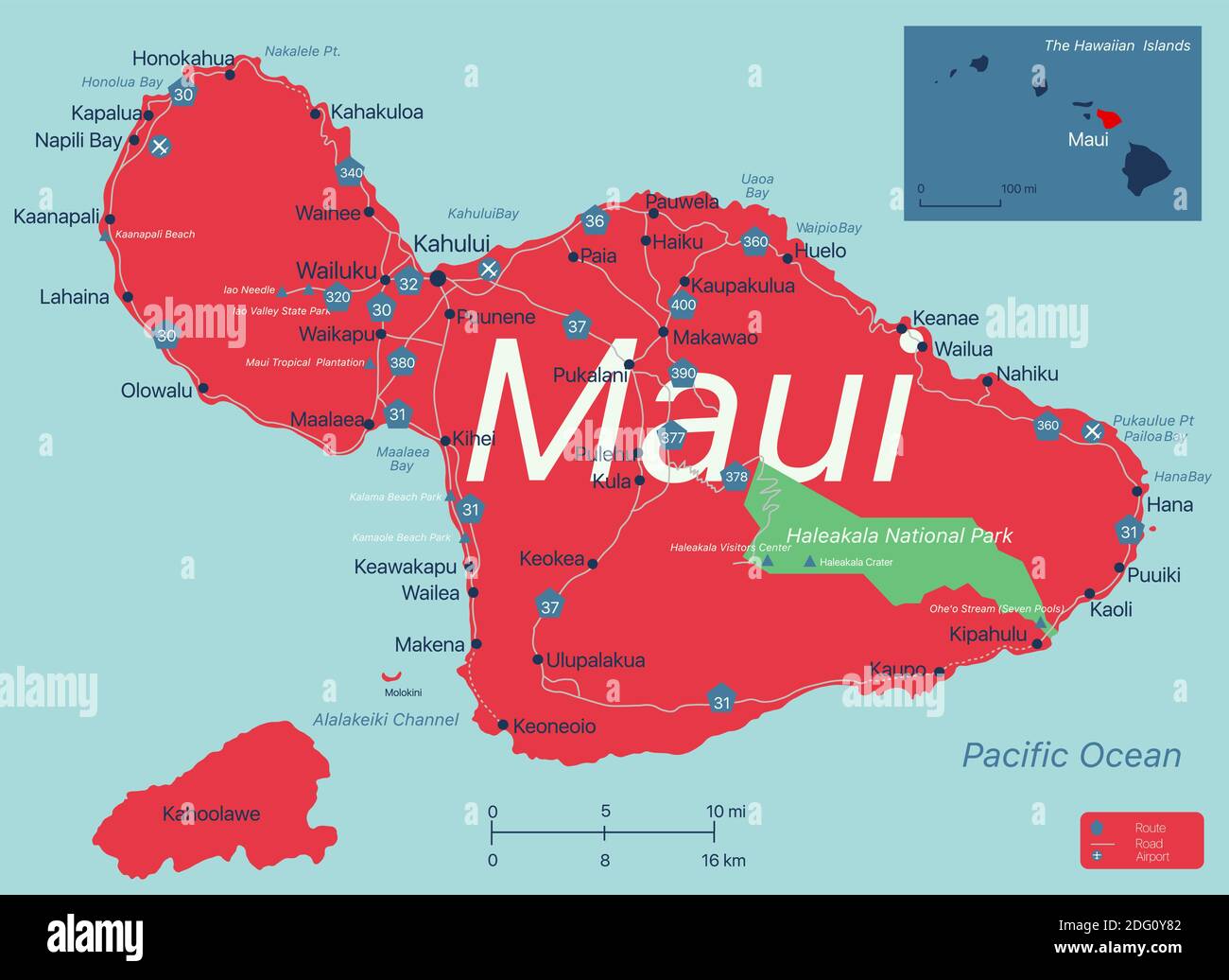 Maui Island Detaillierte bearbeitbare Karte mit Städten und Städten ...